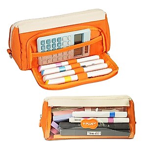 YPLUS Super Capacity Pencil Case Pencil Pouch with Transparent Side Bag, Big Cute Pencil Box for Boys Girls, Aesthetic Large Pencil Bag for Desk Classroom Stocking Stuffers for Kids Toddler - Orange