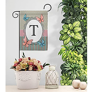 Breeze Decor T Initial Garden Flag Set Wall Hanger Monogram Friends Bugs & Frogs Butterfly Ladybugs Dragonfly Bee Springtime Insect Natural Wildlife House Yard Gift Double-Sided, Made in USA