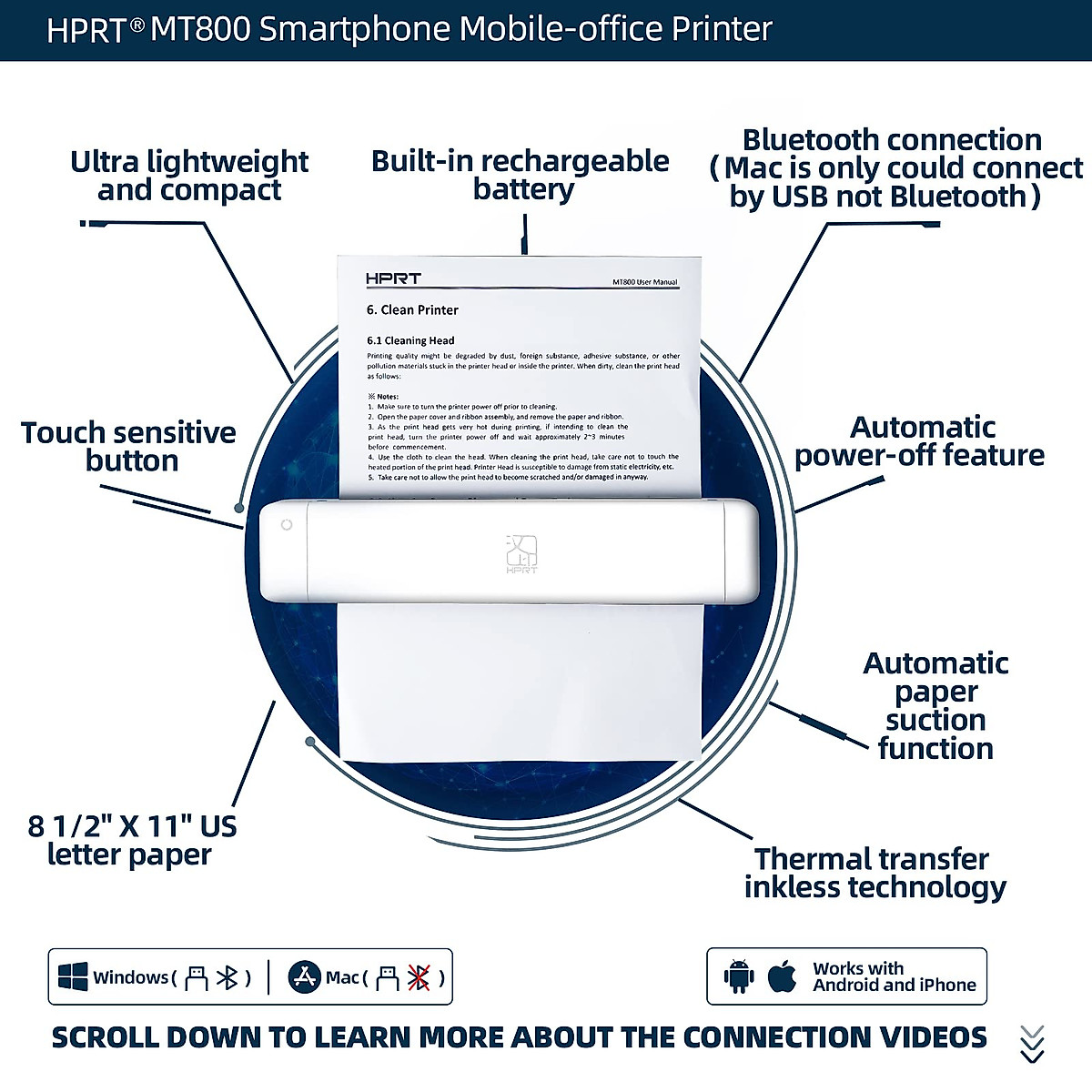 HPRT Wireless Bluetooth Portable Printer for Travel Supports 8.5" X 11" US Letter & A4 Paper, Compatible with Android and iOS Phone No-Ink Technology Suitable for Mobile Office.(MT800Q)