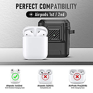 Youtec Compatible with Airpods 2&1 Case Cover with Cleaner Kit, Military Hard Shockproof Airpods Case Cover Protective Case with Automatic Secure Lock & Keychain（10 in 1） (Black-1)