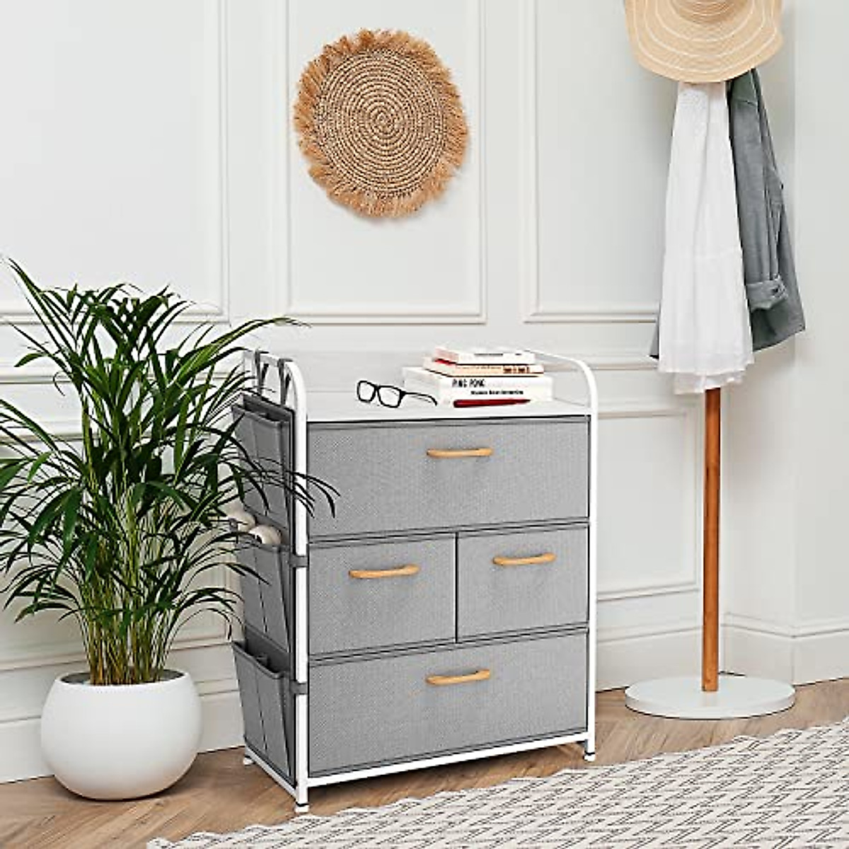 Nestl Fabric Dresser Organizer, 4 Drawer Dresser, Storage Dresser for Closet Storage - Small Dresser for Bedroom, Nursery, & Closet with Shoe Rack, Easy to Pull Wood Handles & Textured Wood Top - Gray