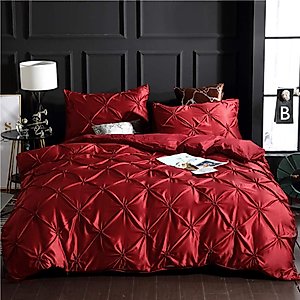 Miss Cora Pintuck Duvet Cover Set Silk Like Satin, Bedding Pinch Pleated Ruffle Design Silky Microfiber Bedding Sets 8 Colors-Red, King