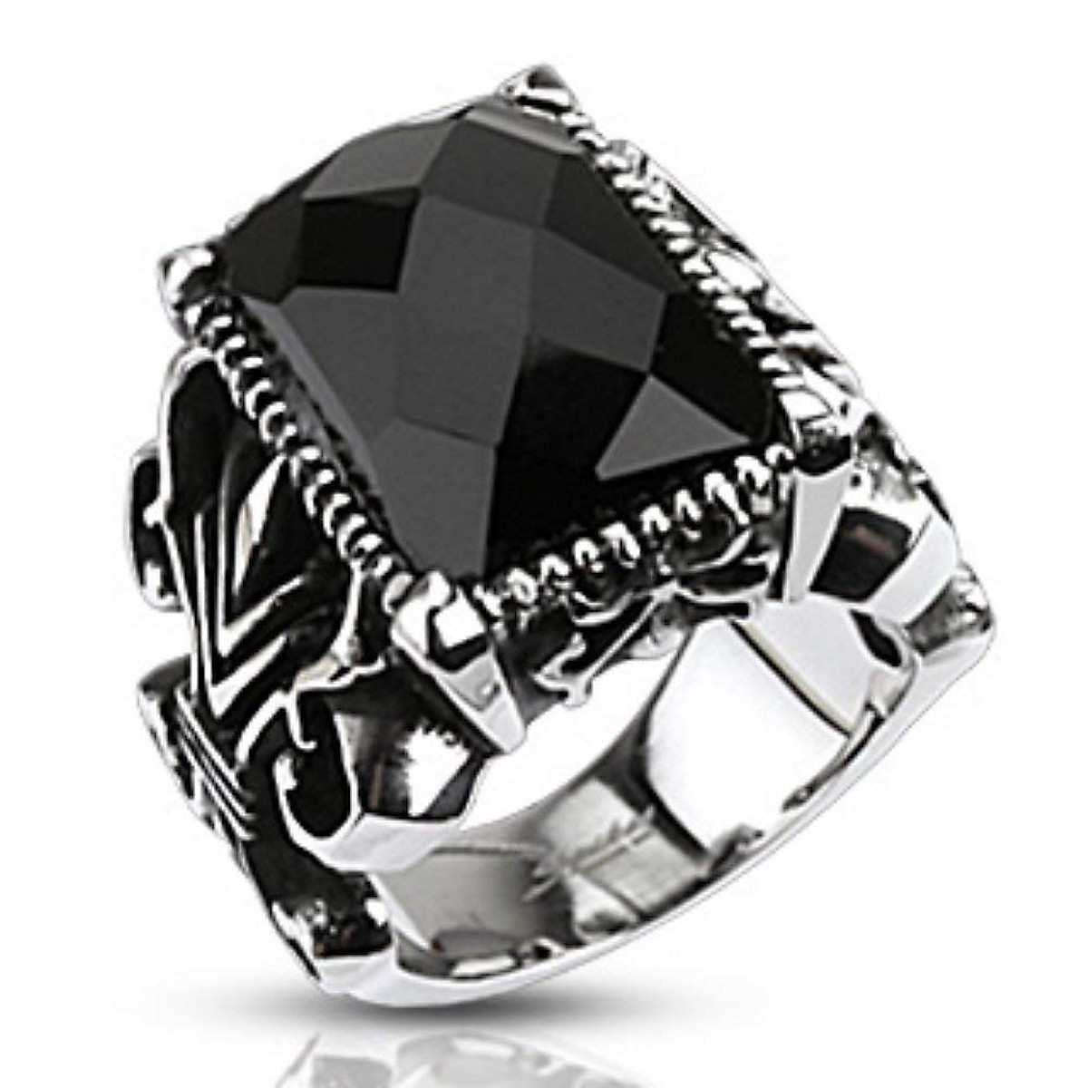 Rectangle Onyx Faceted Stone set Gothic Ring 316L Stainless Steel (Width: 0.98" (25mm), Ring Size: 10)
