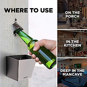 MAGCAP Magnetic Wall Mounted Bar - Style Bottle Opener and Bottle Cap Catcher Set for Beer and Sodas - Stylish, Easy to Install and Effortless to Use - Collects the Caps so You Don't Have to!