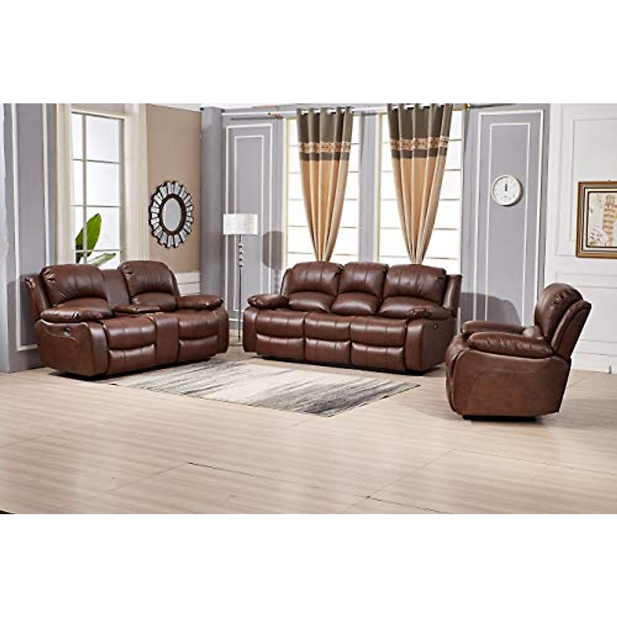 Betsy Furniture Power Reclining Bonded Leather Living Room Set (Brown, Sofa+Loveseat+Chair)