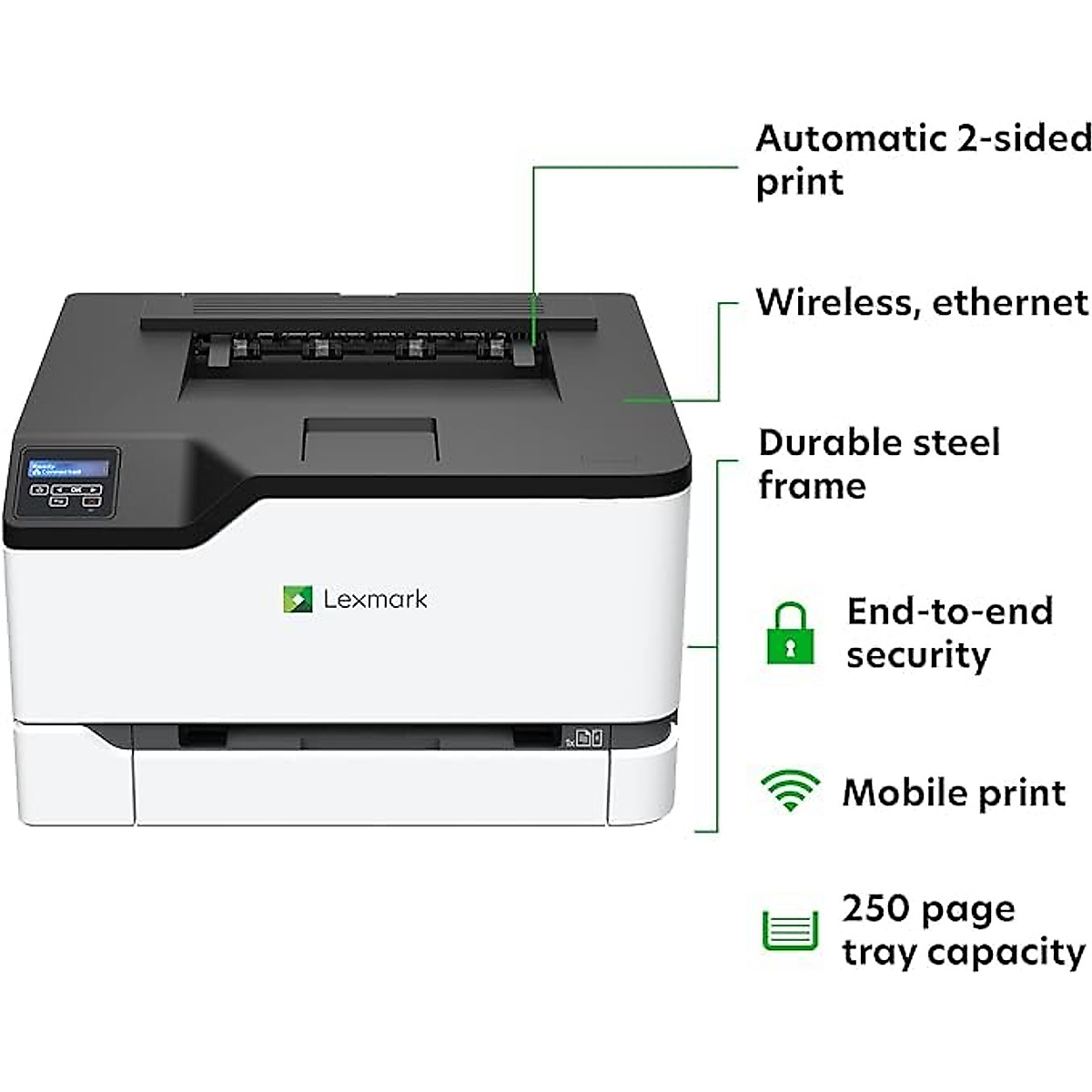 Lexmark CS331dw Laser Printer - Color - 26 ppm Mono / 26 ppm Color - 600 dpi Print - Automatic Duplex Print - Wireless LAN, White/Gray, Medium (40N9020)