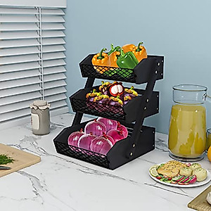 Dorhors 3 Tier Fruit Basket for Kitchen,Fruit Bowl for Kitchen Counter,Wood Fruit Holder for Kitchen Countertop,Black