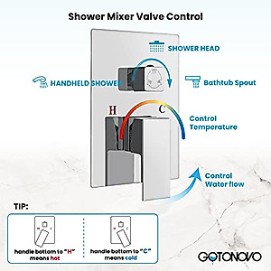 gotonovo Polish Chrome Rain Mixer Shower Faucet Set with Waterfall Tub Spout 10 inch Square Rainfall Shower Head with Handheld Spray Wall Mounted Rough-in Valve and Trim Included