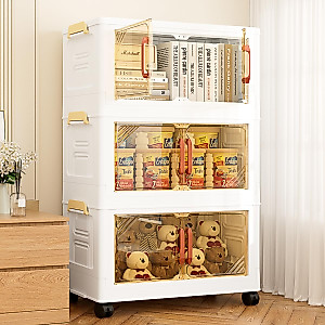 3 Tier Stackable Storage Bins with Lids and Wheels, 88 Qt Organizers and Storage, Collapsible Storage Containers, Organization and Storage Boxes for Living room, Bedroom, Office