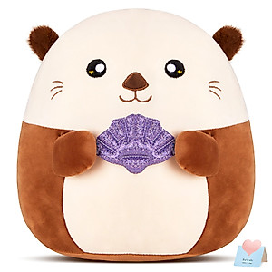Glow Guards 12” Sea Otter Plush Pillow with Fuzzy Ears,Cute Otter Stuffed Animal,Soft Plushies Pillow Kawaii Otter Plush Toys with Glitter Purple Seashell,Otter Toys Gift for Girls Boys Birthday