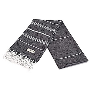 SMYRNA TURKISH COTTON Classical Series Beach Towel | 71 x 37 in 100% Cotton | Extra Large Wearable Turkish Bath Towel | Made in Turkey | No Shrink | Premium Luxury Striped Linen - Black