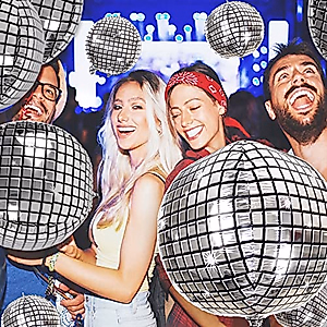 20Pcs Disco Ball Balloons Different Sizes- 4D Large Disco Balloons 32” 22” 10 Inch Assorted Round Metallic Silver Disco Mylar Balloons for 70s 80s Disco Themed Birthday New Year's Party Decor Supplies