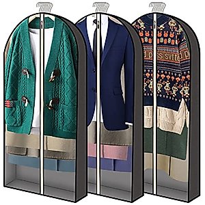 65" Garment Bags for hanging clothes, 4" Gussetes, Clear Moth Proof Suit Bag for Closet Storage or travel, Plastic Protector for wedding dress, long gowns, dance costumes, Sweaters, Shirts, Jackets,Coat, 5 Packs, Black