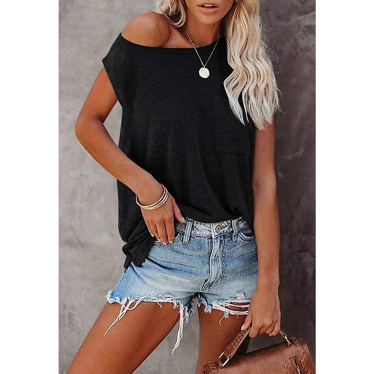 MIROL Women's Sleeveless Tank Tops Basic Loose Tunic T Shirts Batwing Sleeve Solid Color Casual Tee with Pocket Black