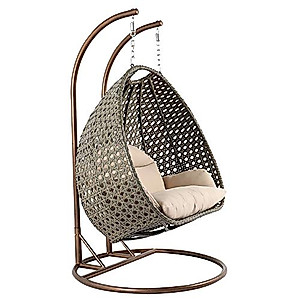 LeisureMod Beige 2 Person Hanging Double Swing Chair, X-Large Wicker Rattan Egg Chair with Stand and Cushion for Indoor Outdoor Patio Garden (Beige)