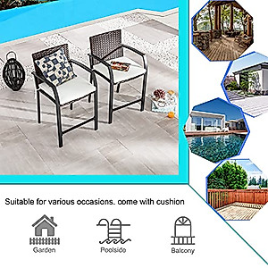 LOKATSE HOME 2 Piece Bar Stools Counter Height Chair Patio Furniture with Armrest for Garden Pool Lawn Backyard, Beige