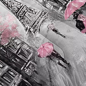 kxry Pink Paris Eiffel Tower Comforter Set Full Size French Style Couple Lover Flower Bedding Sets for Girls Women Kids Quilted Duvet 1 Comforter + 2 Pillow Cases