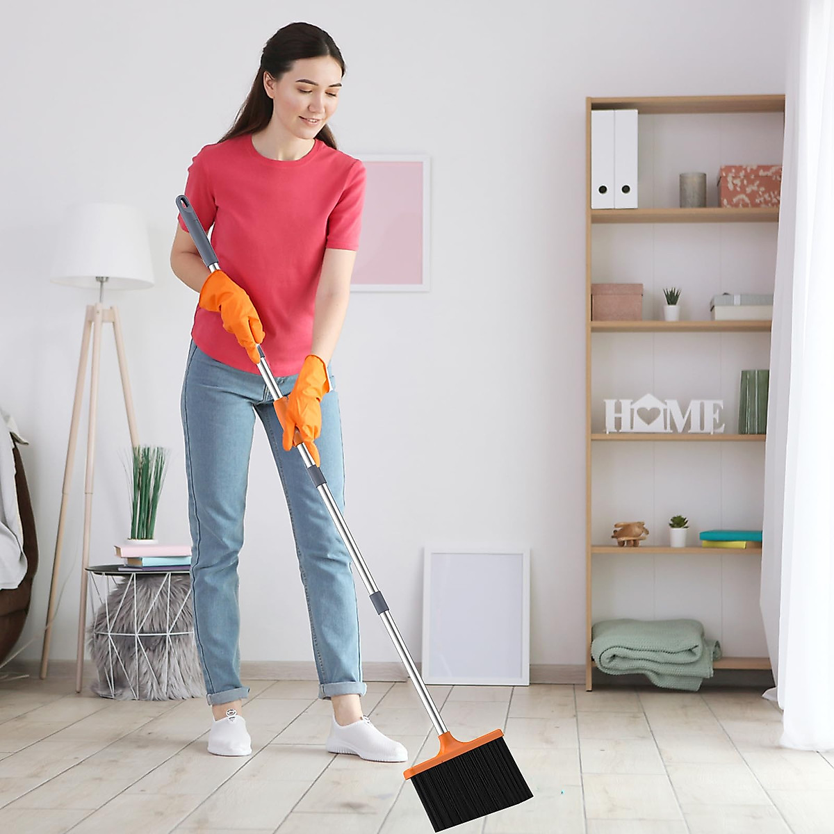 AXFRVEWA Broom and Dustpan Set with 52" Long Handle Broom with Dustpan Combo Set, Self-Cleaning Teeth & Standing Dust Pan and Broom for Home Office Kitchen Lobby Floor Use-Gray&Orange