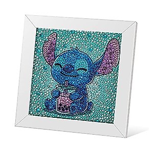5D Diamond Painting Kit for Kids with Wooden Frame Easy Small Anime Diamond Painting Full Drill Diamond Art Gem Painting for Beginners 7X7 inch (Stitch)