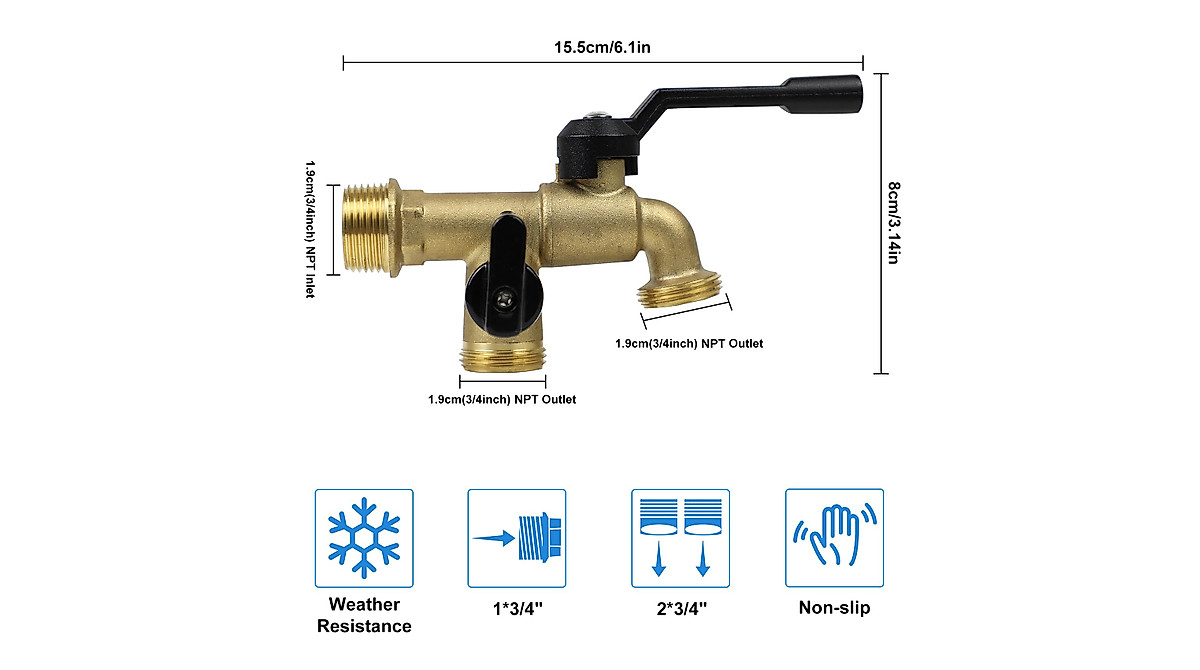 Outdoor Double Faucet - Frost-Proof Brass Water Tap Splitter