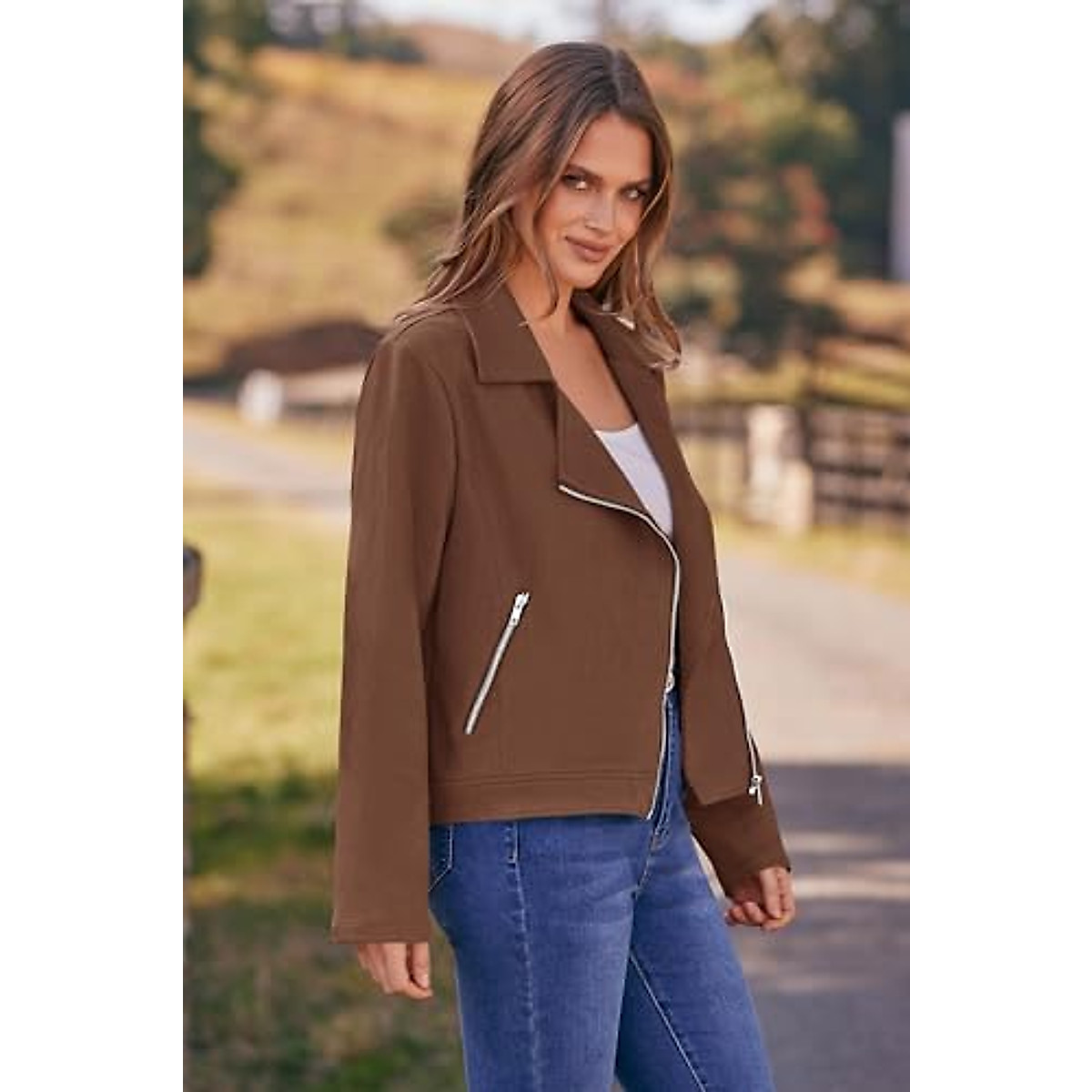 PRETTYGARDEN Women's Winter Faux Suede Moto Biker Jacket Long Sleeve Zip Up Lapel Y2K Short Coat with Pockets Fashion Dressy (Coffee,X-Large)