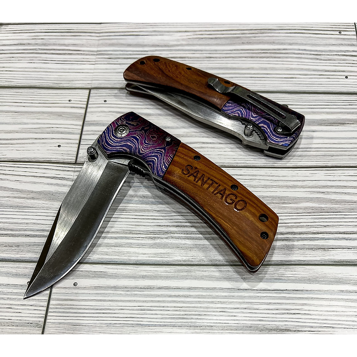 Personalized POCKET KNIFE Engraved Wood Folding Knive Stainless Steel l Standard Edge 5" Blade Wood Handle With Ultra-Secure & Comfortable Belt Clip Custom Gifts for Him Men Dad Boyfriend Father Husband Anniversary Groomsmen (Knife Engraved)