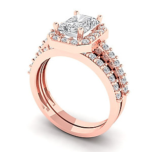 2.22 ct Emerald Cut Clear Simulated Diamond 14k Rose Gold Halo Solitaire W/Accents Wedding Engagement Promise Ring size 6.5