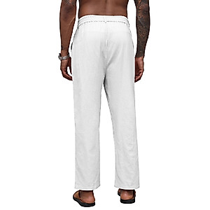 LVCBL Men's Linen Pants Straight Leg Linen Trousers Relaxed Long Pants with Pockets,White,XL