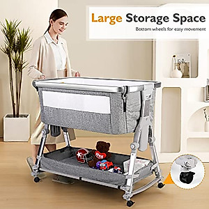 SPS Baby Bassinet Bedside Sleeper with Storage Basket and Wheels,Easy Folding Bedside Crib,Adjustable Height Portable Baby Bed for Newborn Infant