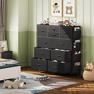 WLIVE Dresser for Bedroom with 10 Drawers, Fabric Dresser Chest of Drawers with Side Pockets and Hooks, Sturdy Metal Frame, Drawers Organizer Unit for Living Room, Hallway, Black