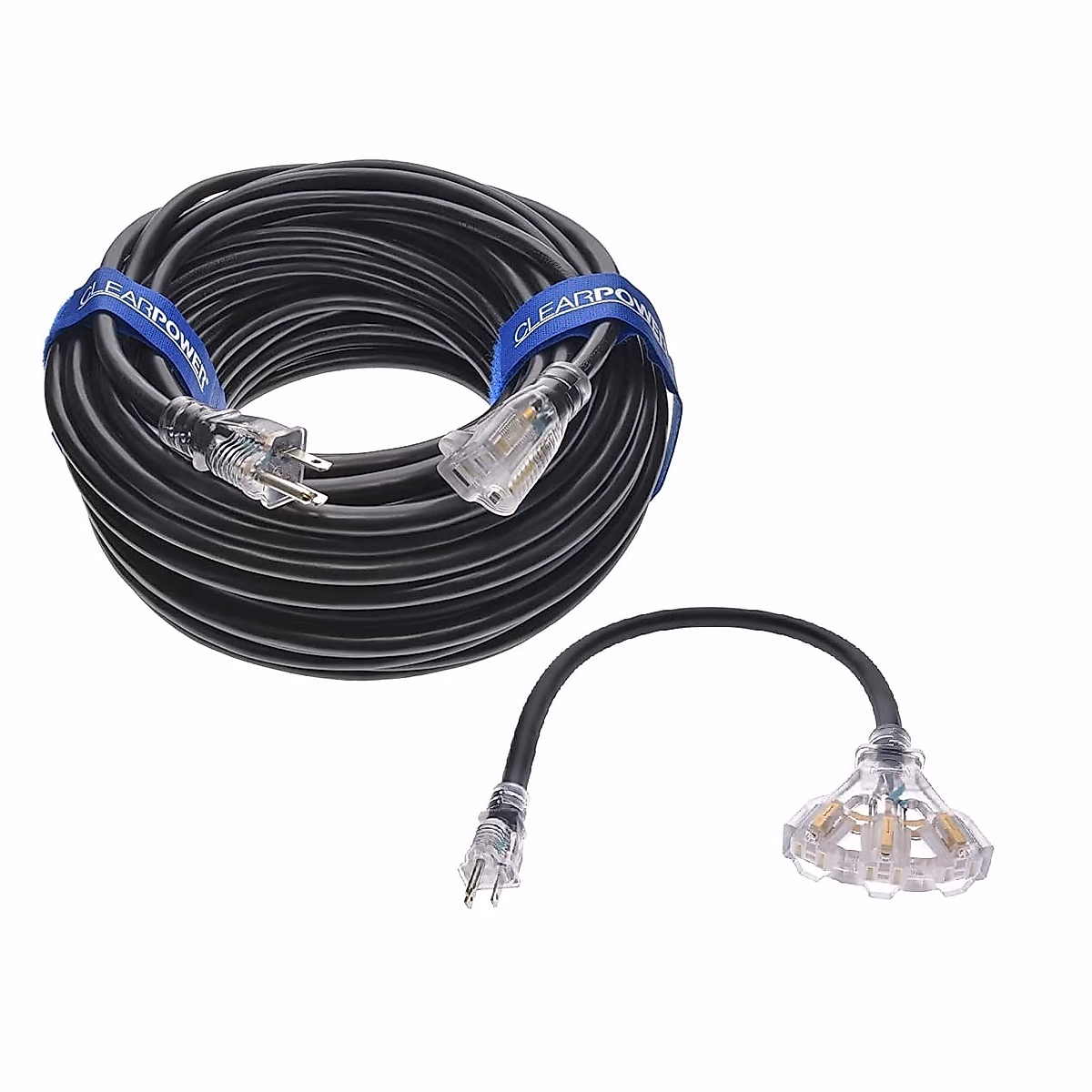 Clear Power Combo Pack 150ft 12/3 SJTW Black Outdoor Extension Cord w/Power Indicator Light & 2ft Black 3-Outlet Adapter w/Power Indicator Light, CP10223