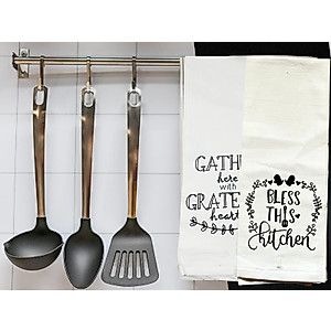 Set of 5 Sentiment Kitchen Dish Towels - Teacher Gift, Christmas Gift for Women, Hostess Gift, White Flour Sack Baking and Cooking Related Kitchen Towels Gift Set - Comes in Organza Gift Bag