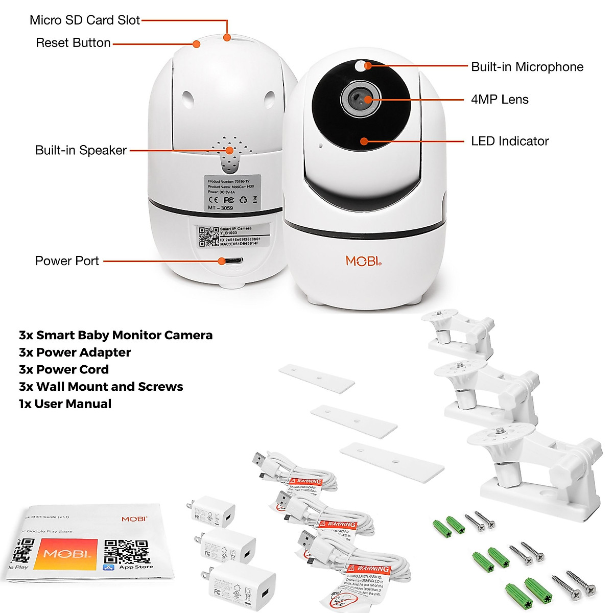MobiCam HDX Wi-Fi Pan & Tilt Smart Nursery, Elderly & Home Monitoring Camera, 1080p HD Indoor Security Night Vision IP Camera, Motion Detection, Two-Way Audio, Cloud & SD Card Storage - (3-Pack)