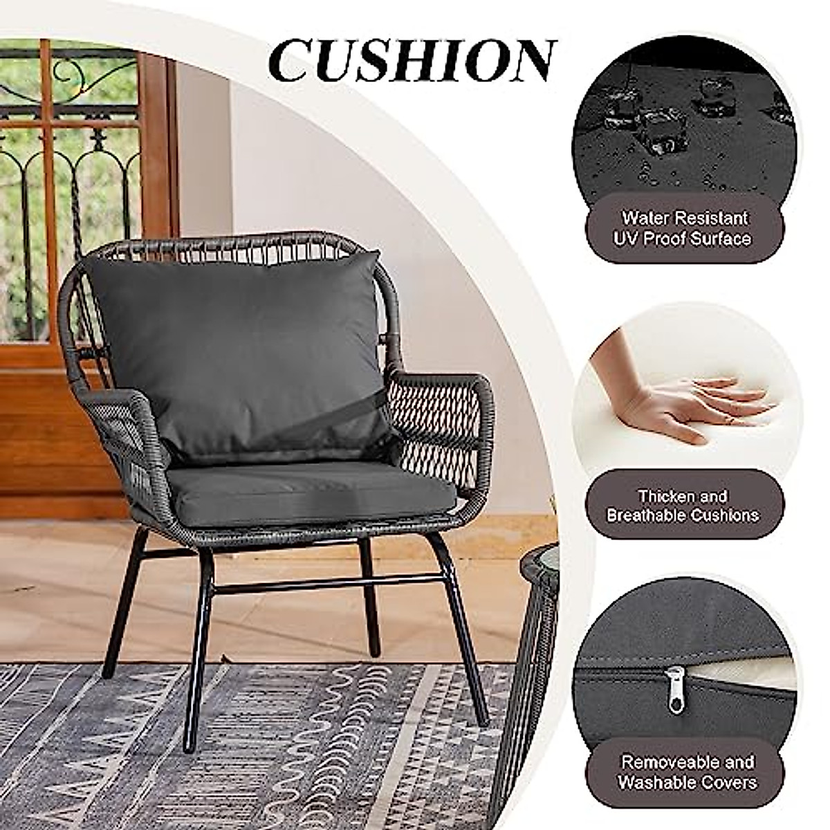 NICESOUL® 3 Seats Outdoor Chair Set Round Table Oversized Stationary Egg Chair Boho Style Handwoven PE Wicker Patio Conversation Large Egg Backyard Pool Grey Wicker 4 Pieces Set