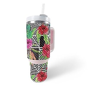 MightySkins Carbon Fiber Skin Compatible with Stanley The Quencher H2.0 FlowState 40 Oz Tumbler - Pop Hibiscus | Protective, Durable Textured Carbon Fiber Finish | Easy to Apply