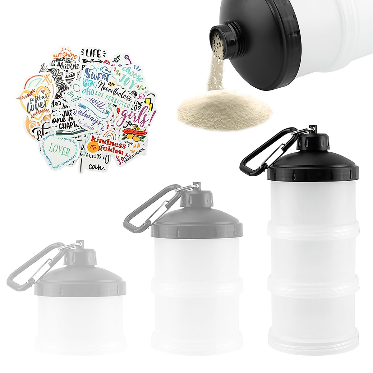 JIANWEI Protein Powder Storage Container, 3 Layer Stackable Leak-proof Formula Dispenser with 50 Inspirational Words Stickers and 1 Keychain, Portable Protein Powder Holder(Black+white)
