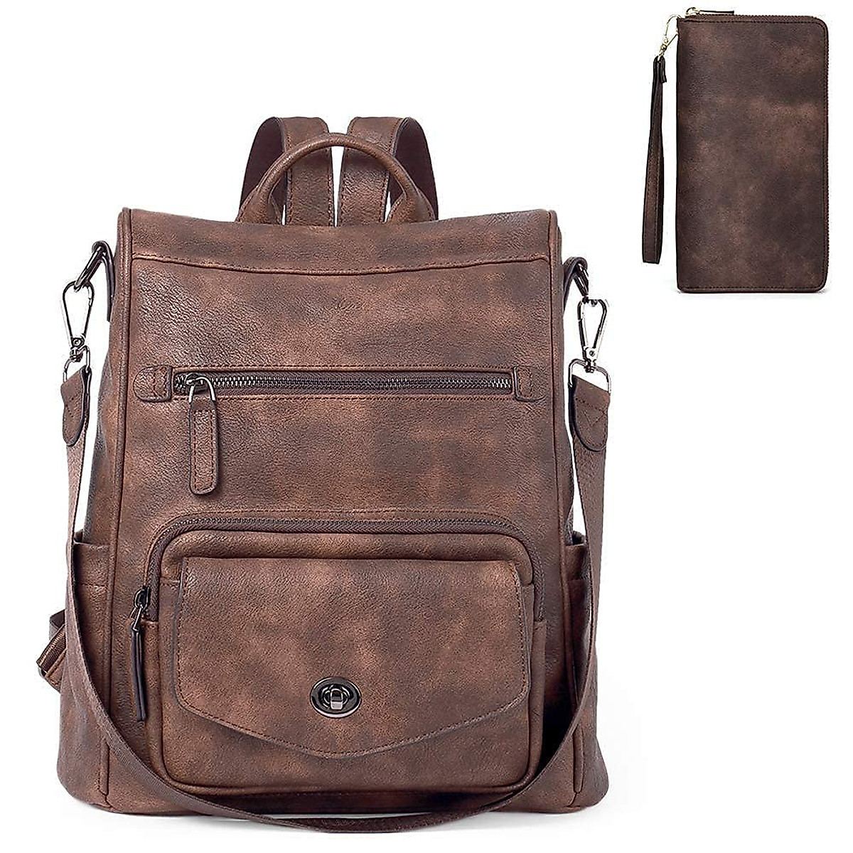 CLUCI Backpack Purse for Women Leather Convertible Fashion Designer Bookbag Ladies Travel Large Anti-Theft Shoulder Bags Women Wallet Large Leather Designer Zip Around Card HolderTwo-Tone Coffee