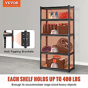 VEVOR Storage Shelving Unit, 5-Tier Adjustable, 2000 lbs Capacity, Heavy Duty Garage Shelves Metal Organizer Utility Rack, Black, 30" L x 12" W x 60" H for Kitchen Pantry Basement Bathroom Laundry