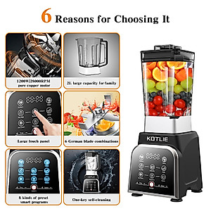 KOTLIE Blender 68 Oz Shakes & Smoothies Countertop Blender, 1200W 28000RPM High Speed Food Processors, Smoothie Blender with 8 Smart Functions for Baby Food, Crushing Ice or Frozen Drinks(Black)