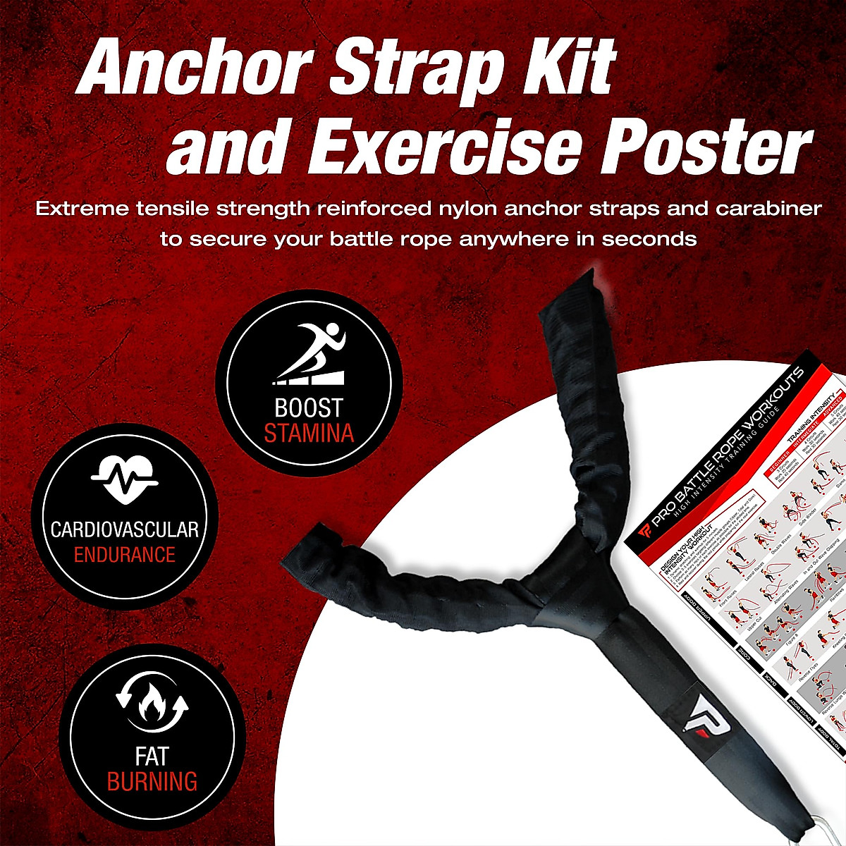 Pro Battle Ropes with Anchor Strap Kit and Exercise Poster – Upgraded Durable Protective Sleeve – 100% Poly Dacron Heavy Battle Rope for Strength Training, Cardio Fitness, CrossFit Rope (1.5” x 30 ft)