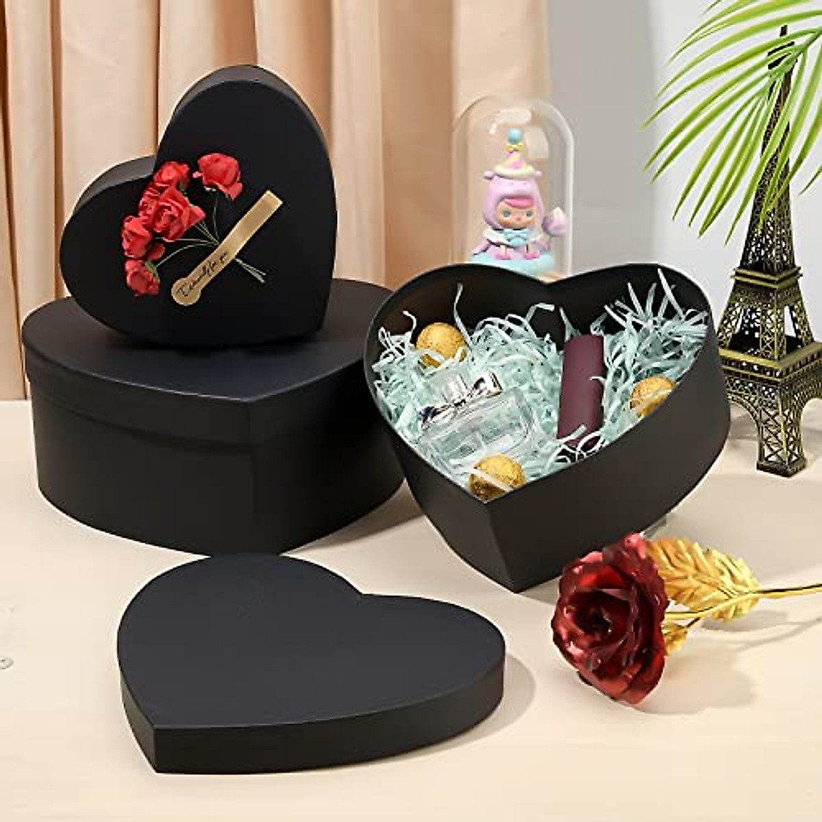 BENECREAT 3 Set Heart Shape Present Boxes, Black Decorative Gifting Box, Nesting Stacking Gift Packaging Box for Souvenirs, Wedding, Candy Cookies Choclates