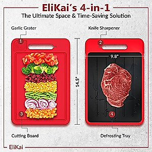 4-in-1 Defrosting Tray for Frozen Meat with Cutting Board, Knife Sharpener & Garlic Grater - Self Thawing Tray & Non-Slip Red Chopping Boards by EliKai
