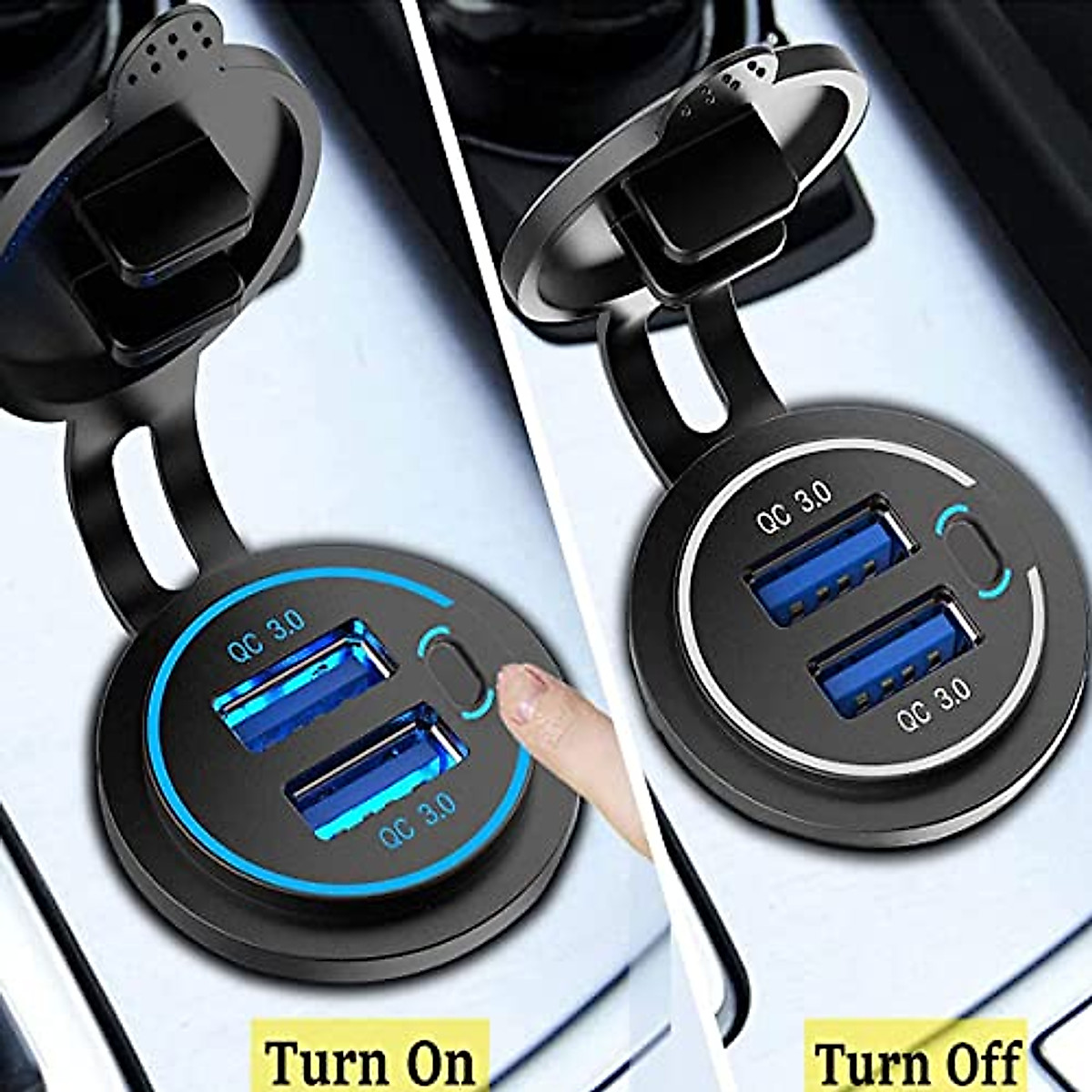 [2 Pack] 12v USB Outlet,Dual USB Quick Charger 3.0 Port Waterproof Power Outlet 12V/24V Fast Charge USB Charger Socket with Power Switch for Car Golf Cart Boat Marine Bus Truck RV Marine Motorcycle