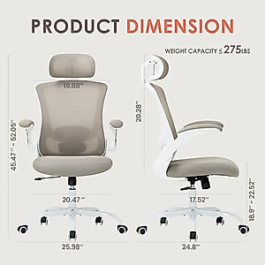 Ergonomic Mesh Office Chair, High Back Executive Desk Chair with Adjustable Headrest and Lumbar Support, Flip-Up Arms, Rocking, Swivel Rolling Computer Mesh Chair for Home Office-Khaki