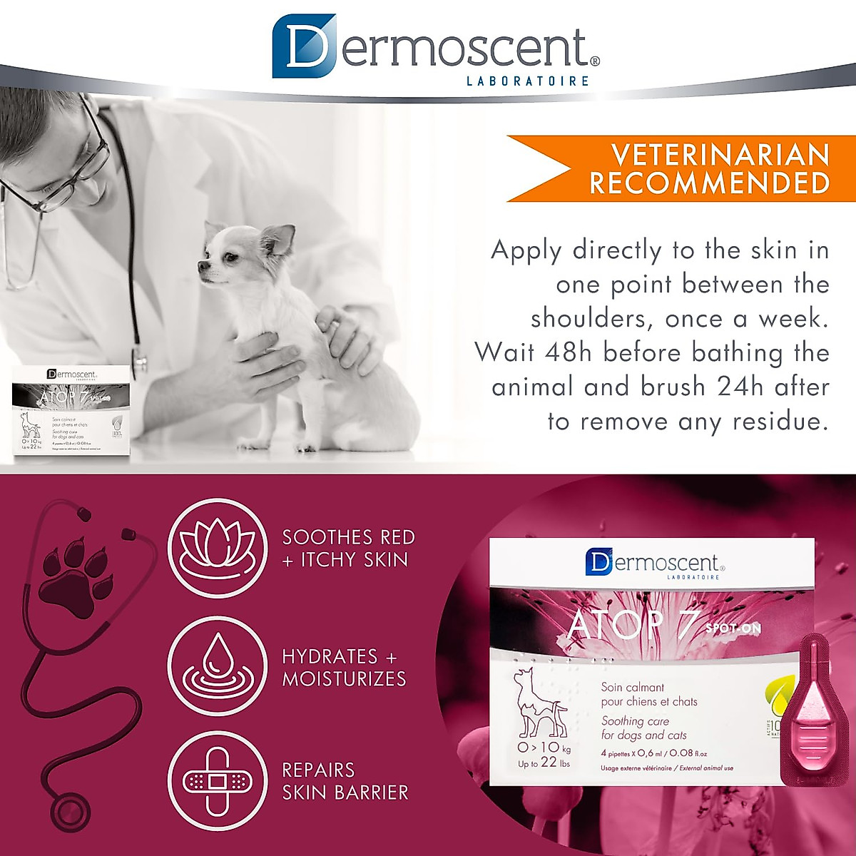 Dermoscent ATOP 7 spot-on - Dogs and Cats Up to 22lbs - Soothing Care for Sensitive, Dry and Itchy Skin or Allergy Prone Skin - Natural Ingredients - 4 pipettes