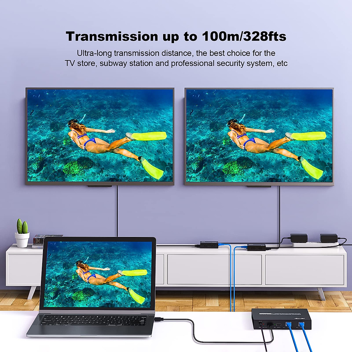 HDMI Extender Splitter 1 x 2, JCHICI 4K@30Hz 100M(328fts) HDMI Extender Over Cat5e/6 with Loopout and EDID Copy Function, Lossless Transmission and Zero Latency, Support 3D