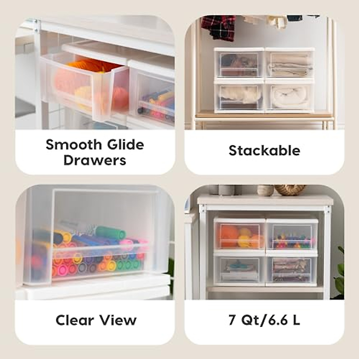 IRIS USA 7 Qt. Plastic Stackable Storage Drawers, Small, 4 Pack, Multi-Purpose Bins for Bedroom, Bathroom, Closet, Craft Room, Garage, Kids Room, Office, Pantry, Under Sink, White