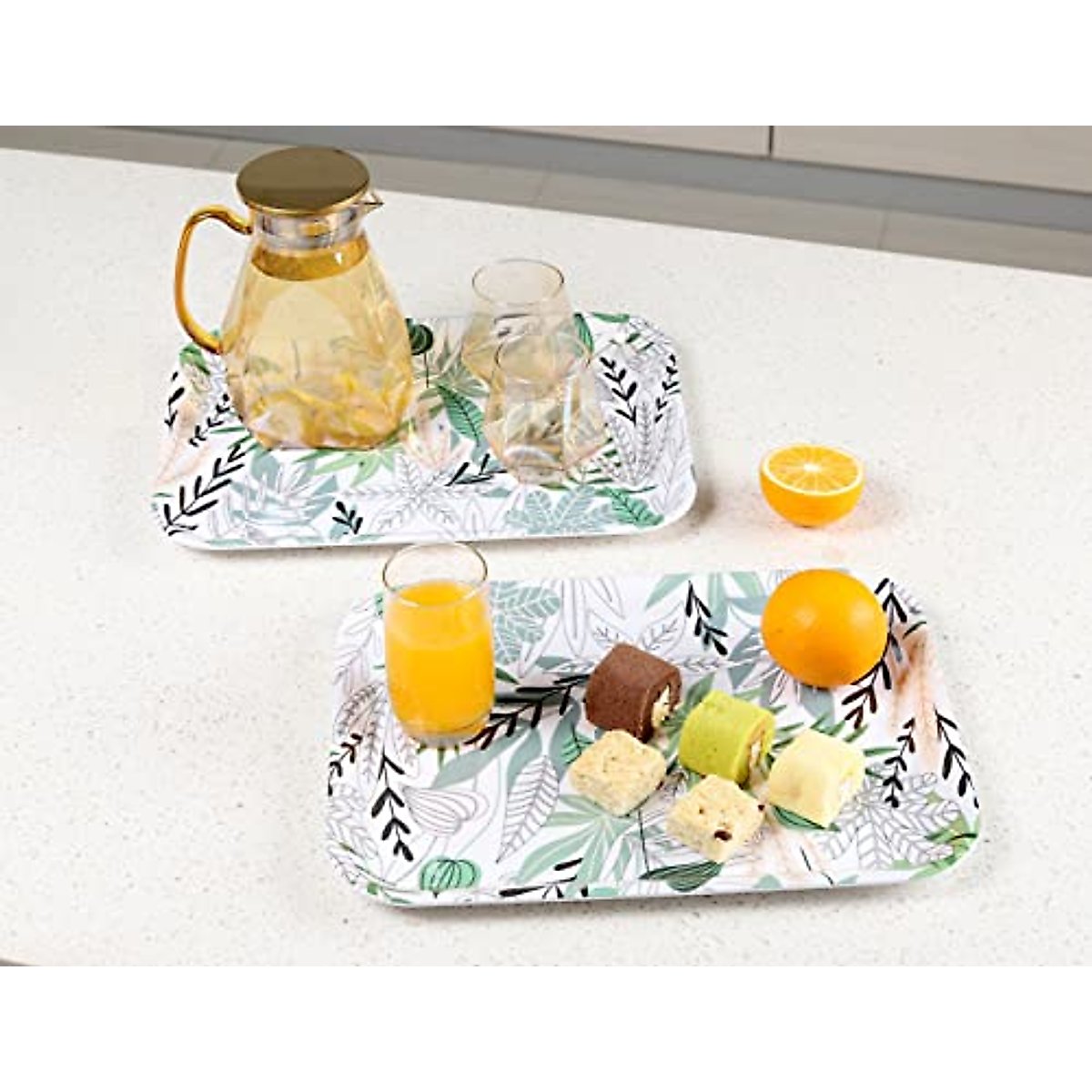 FlosSolis 15.1"x11.3" Serving Tray Set of 2 Leaf Design, Melamine Rectangular Serving Tray/Platters Stackable Sturdy and Easy Clean for Serving Serving Food,Fruit,Desserts,Breakfast,Meals,BPA Free