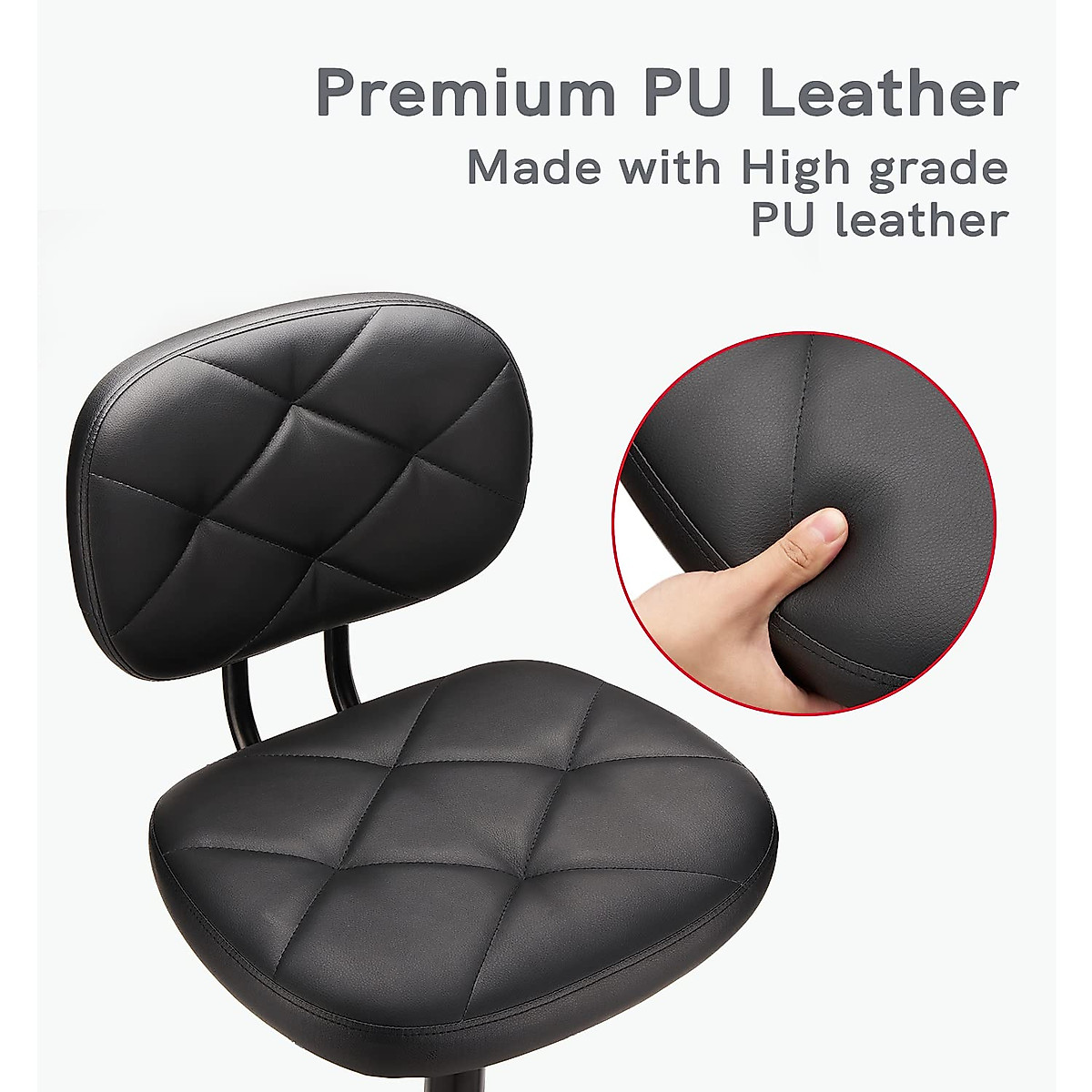 KLASIKA PU Leather Rolling Stool with Foot Rest and Back Support, Adjustable Diamond Upholstered Drafting Chair with Wheels, Multi-Purpose Desk Chair for Home Office Bar Kitchen Shop, Black (1PK)