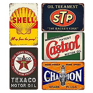 Vintage Auto Motorcycle Oil Gasoline Metal Tin Signs Retro Garage Metal Signs Old Car Shop Posters Oil And Gas Station Sign Man Cave Garage Bar Wall Decor 5 Pcs 8×12 Inches